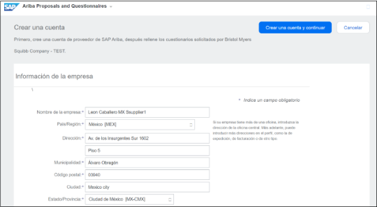 Registrarse con una nueva cuenta de Ariba Network
