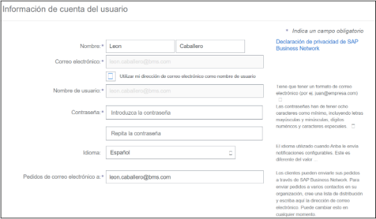 Registrarse con una nueva cuenta de Ariba Network